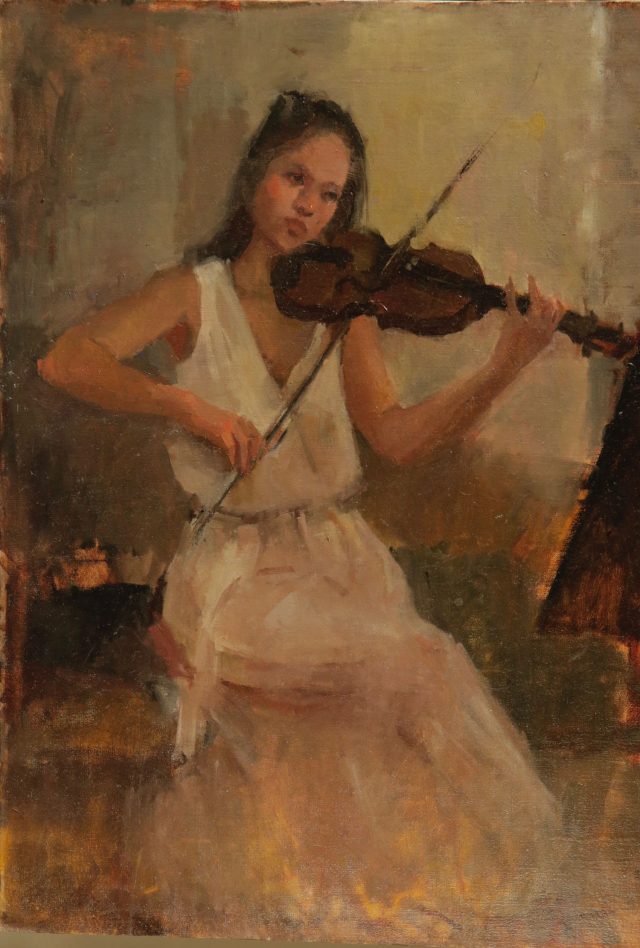 Stacy Kamin Playing Violin - The Artists Guild Fine Art | Bright Light Fine Art